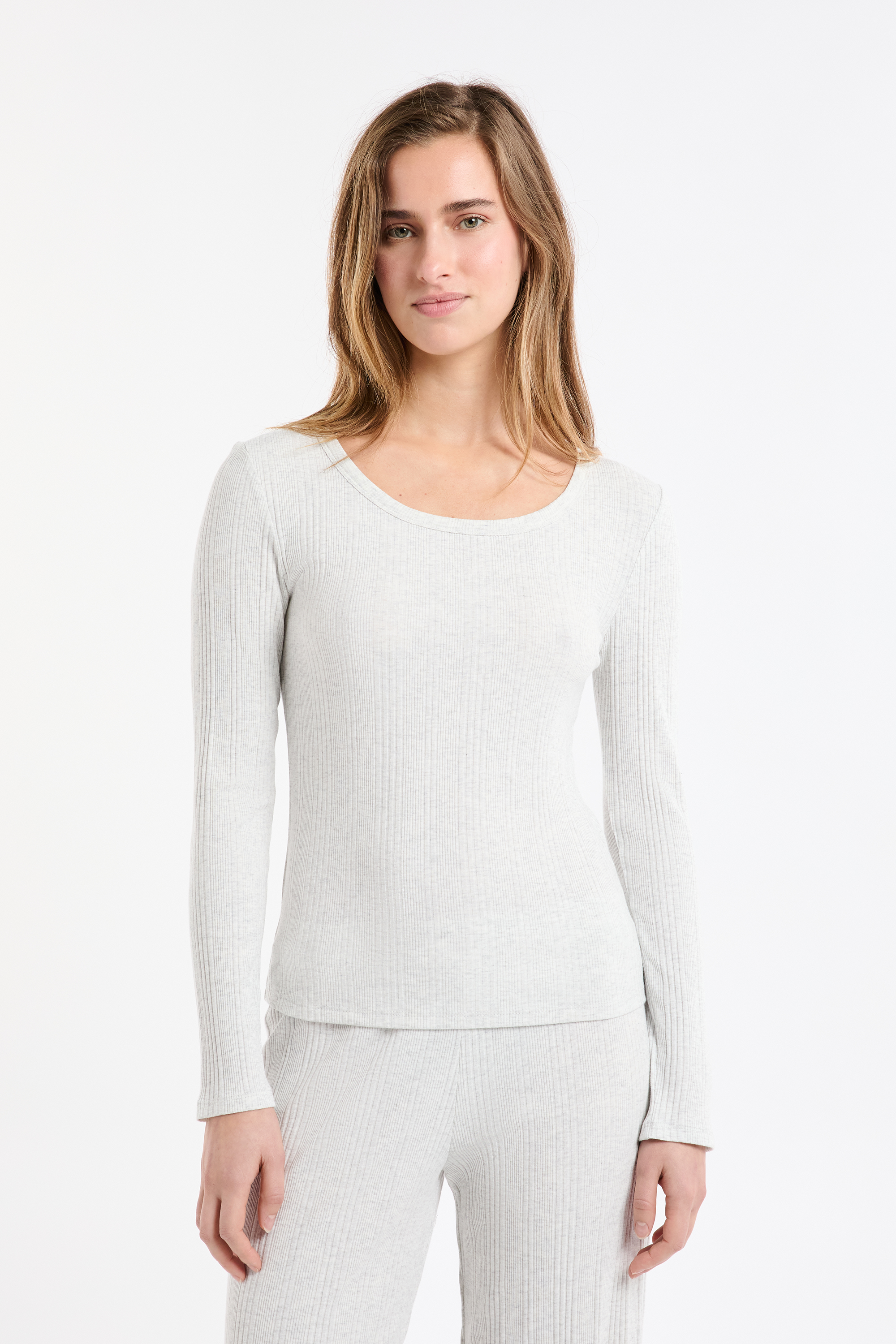 Long-sleeved ribbed cotton pyjama T-shirt - COLYN - GRIS - ETAM