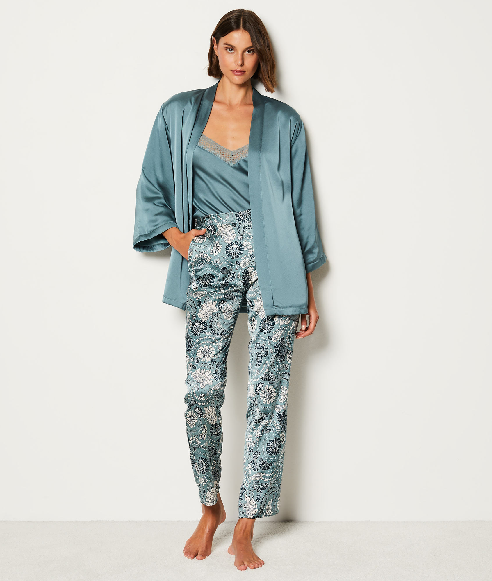 Ensemble 3 pièces de pyjamas satiné - BLITZ - IMP FOND VERT - ETAM