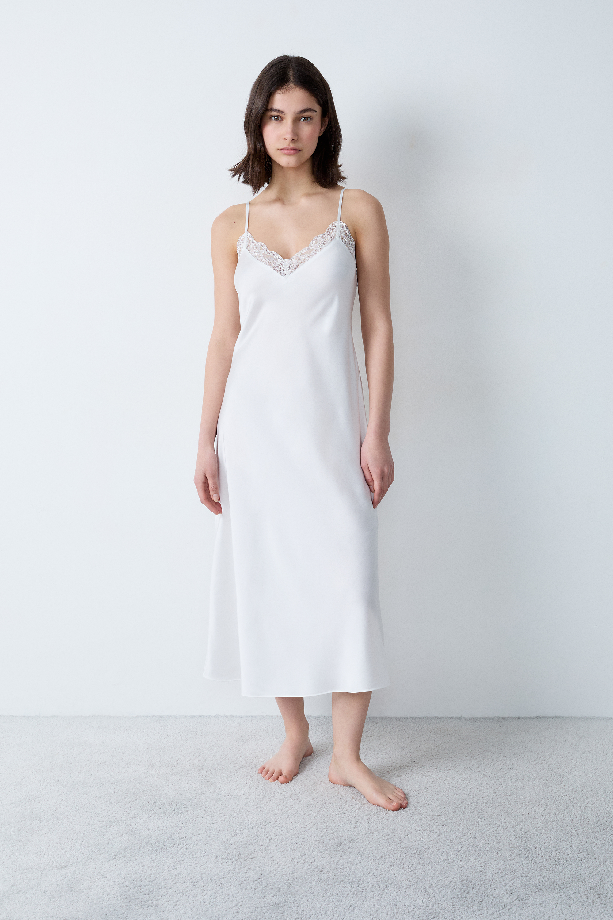 Long Satin Nightdress With Lace Details - DESIRE - BLANC - ETAM