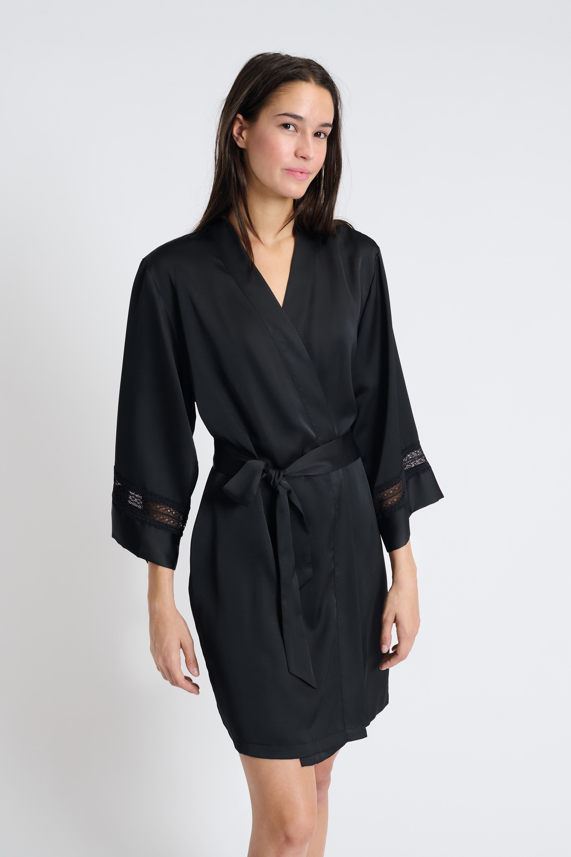 Satin Robe with Lace Details - FEELING - NOIR - ETAM