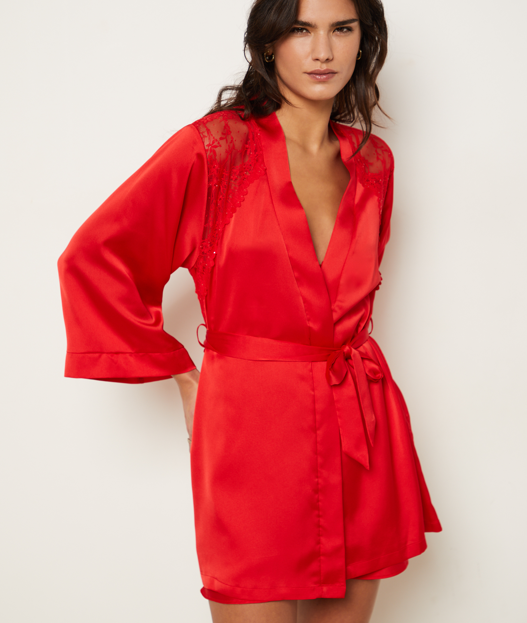 Satin Robe with Lace Details - INSTANT - ROUGE - ETAM